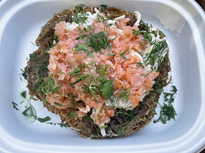 Lox tartare atop a potato pancake throne&mdash;breakfast elevated to an art form. This dish doesn't just start your day; it launches it into orbit.