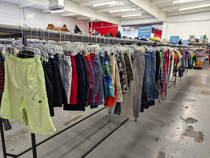 The men's clothing section offers everything from work-ready jeans to vacation-ready shorts, all pre-softened for immediate comfort.