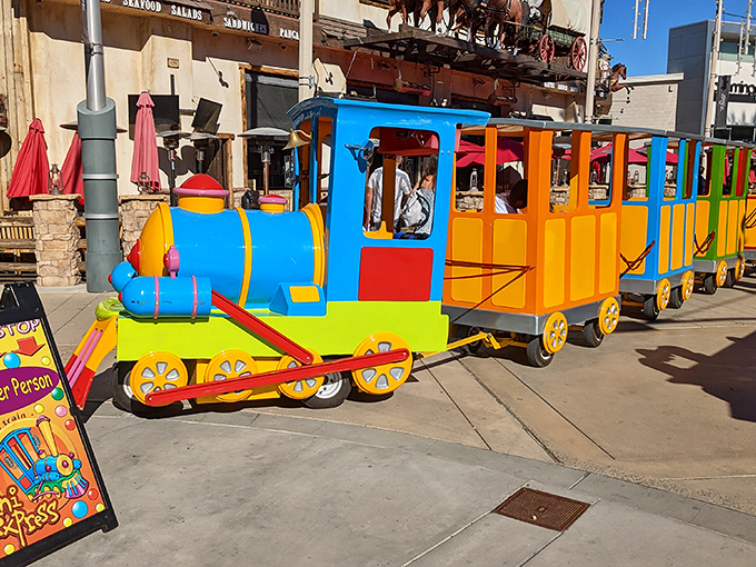 This miniature train offers the slowest, most delightful transportation between shopping destinations you'll ever experience. 