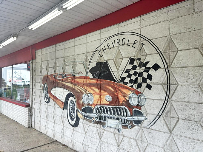 That Corvette mural isn't just decoration &ndash; it's a promise of the American classics waiting inside. Appetite required, nostalgia included at no extra charge.