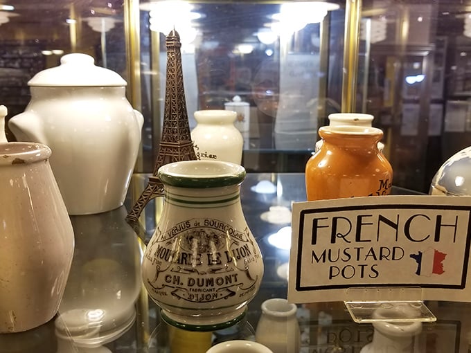 Vintage mustard pots from France display the artistry behind serving condiments in an era when presentation mattered as much as flavor.