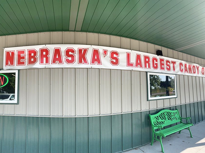 "Nebraska's Largest Candy Outlet" isn't just a boast&mdash;it's a promise. The green bench invites you to savor your treats before hitting the road.