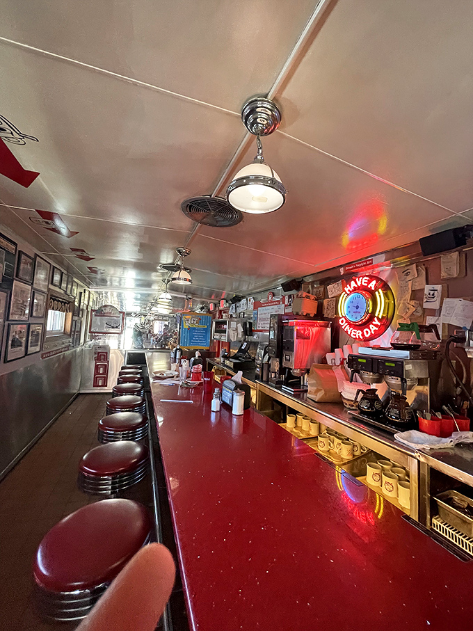 The counter stretches into infinity, each stool an invitation to join the Red Arrow family for just one more cup of coffee.