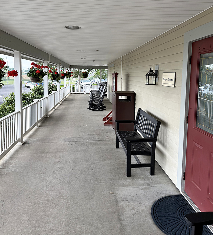 The front porch&mdash;complete with rocking chairs&mdash;where you'll contemplate whether you have room for one more slice of pie. (Spoiler: you do.)