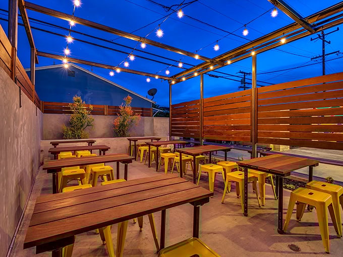 String lights transform this outdoor space into an urban oasis. As evening falls, this patio becomes the perfect stage for Humble Potato's culinary performance.