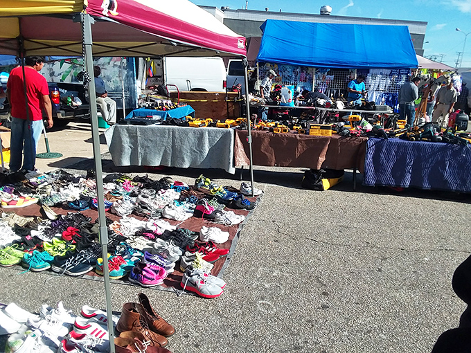 The outdoor extension of bargain paradise spills into the parking lot. Shoes and tools bask in the Maryland sunshine, hoping for new homes.