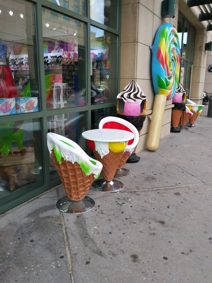 Even the outdoor seating celebrates sweetness with ice cream cone chairs that sadly aren't edible&mdash;I checked, much to management's dismay.