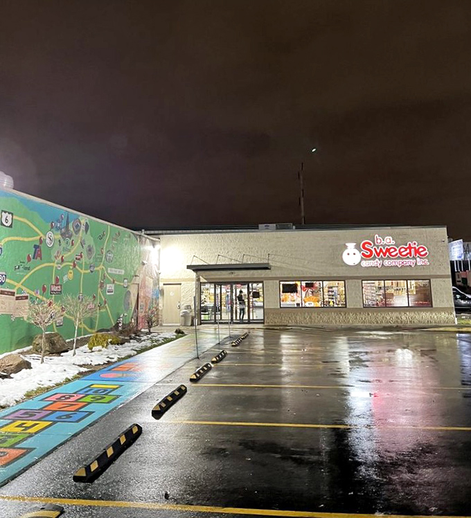 Even at night, Sweeties glows with sugary promise. The candy beacon shines brightest after dark, when sweet cravings peak.