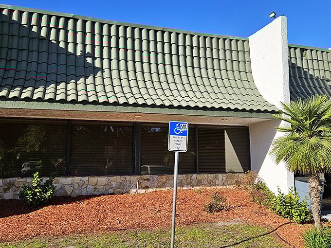 The green-tiled roof and stone accents give Clock Restaurant its distinctive character. Like all great diners, it promises comfort before you even step inside.