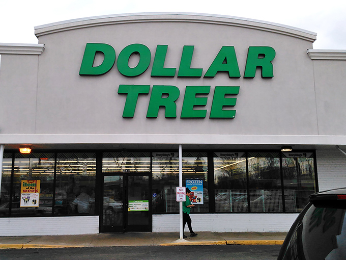 The green guardian of savings welcomes shoppers with promises of treasures within. Like a retail Narnia, ordinary outside, magical inside.