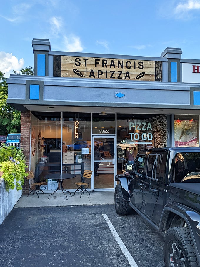 Your chariot awaits its precious cargo. The exterior view shows why locals keep their favorite pizza spot somewhat secret from outsiders.Your chariot awaits its precious cargo. The exterior view shows why locals keep their favorite pizza spot somewhat secret from outsiders.