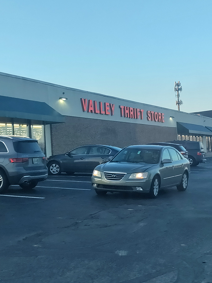As the sun sets, Valley Thrift's sign glows with promise &ndash; tomorrow's inventory will be completely different, and that's the beautiful thrill of it all.