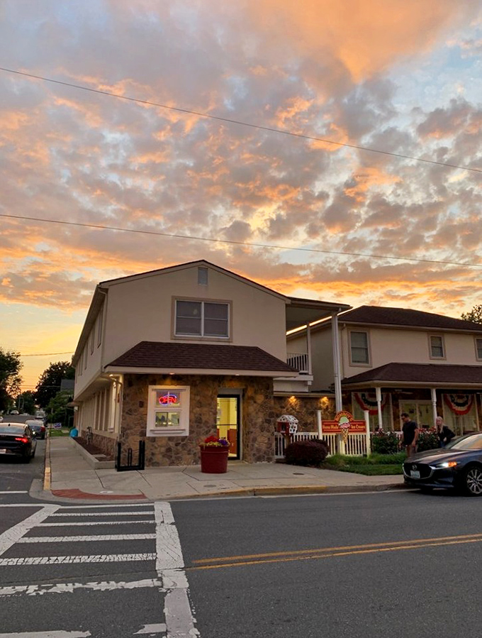 As the sun sets on Bomboy's stone fa&ccedil;ade, the real magic begins. Evening light transforms this candy shop into a storybook ending to a perfect day.