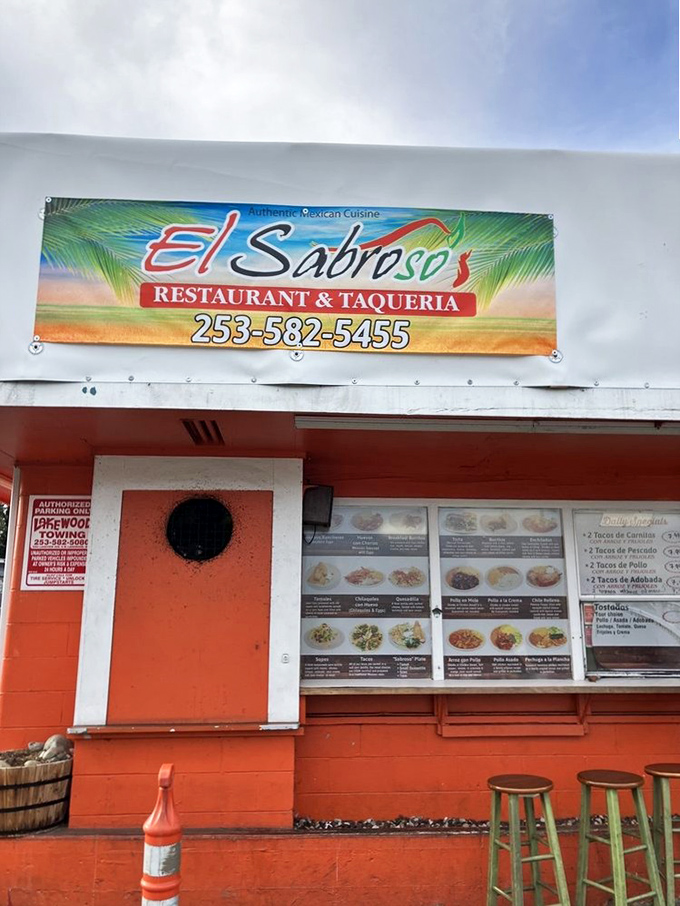 The tropical-themed sign promises "Authentic Mexican Cuisine"&mdash;a bold claim that, based on the lines of hungry customers, Taqueria El Sabroso delivers on daily.