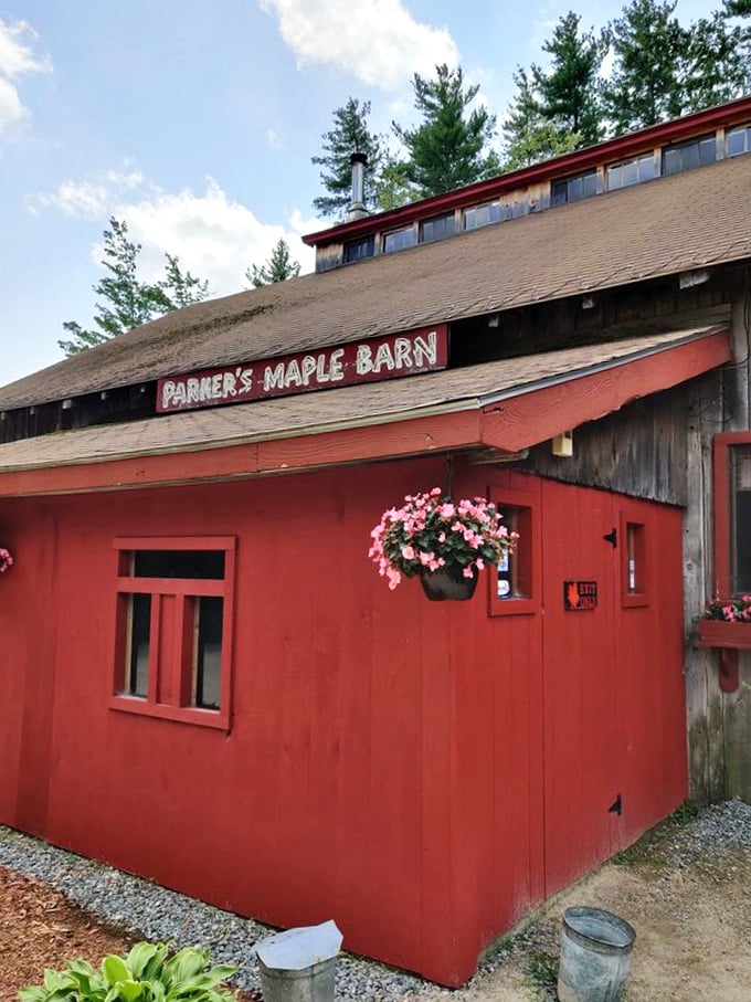 From the outside, it's just a weathered barn with a red entrance. Inside, it's the cathedral of New Hampshire breakfast worship. 