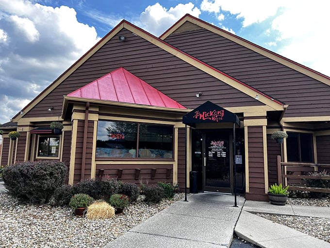 The Hickory House facade on a blue-sky day. This unassuming building houses more flavor than establishments with twice the flash and three times the price.
