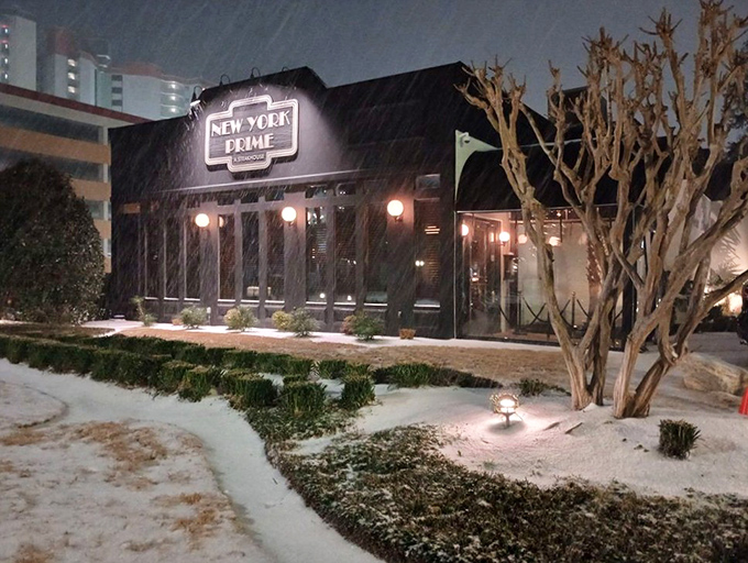 Even dusted with rare South Carolina snow, New York Prime's exterior maintains its allure, like a steakhouse that refuses to take a snow day.