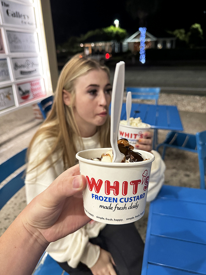 Nighttime custard hits different. The glow of Whit's after dark beckons like a lighthouse guiding sweet-toothed sailors to safe harbor.