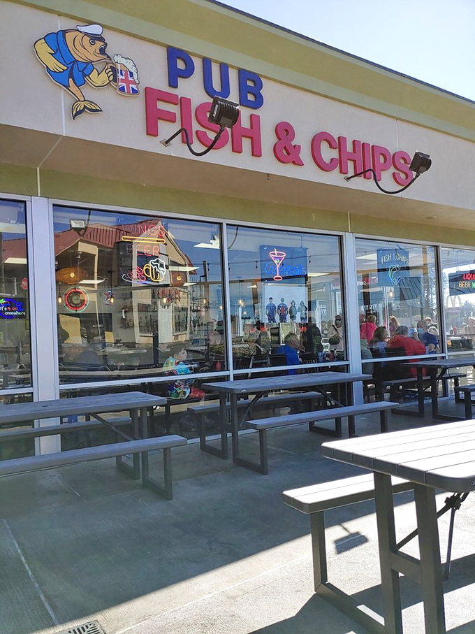 Outdoor seating where the coastal air adds that indefinable something extra to every bite. The cartoon fish on the sign practically winks at you.