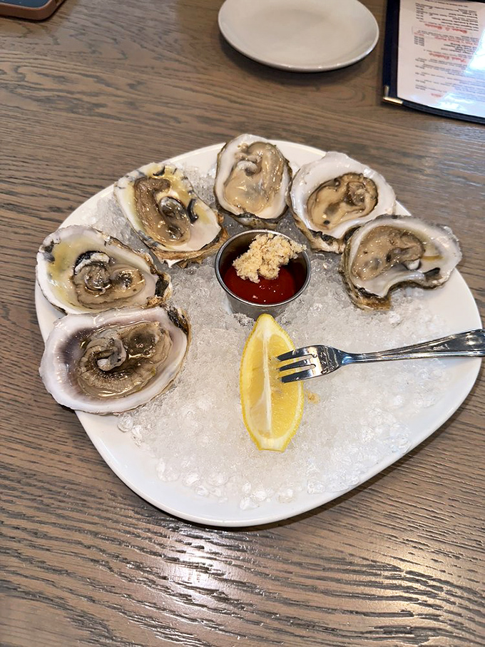 Fresh oysters on the half shell, glistening on ice with a wedge of lemon standing by. The ocean's perfect appetizer awaits your squeeze of citrus.