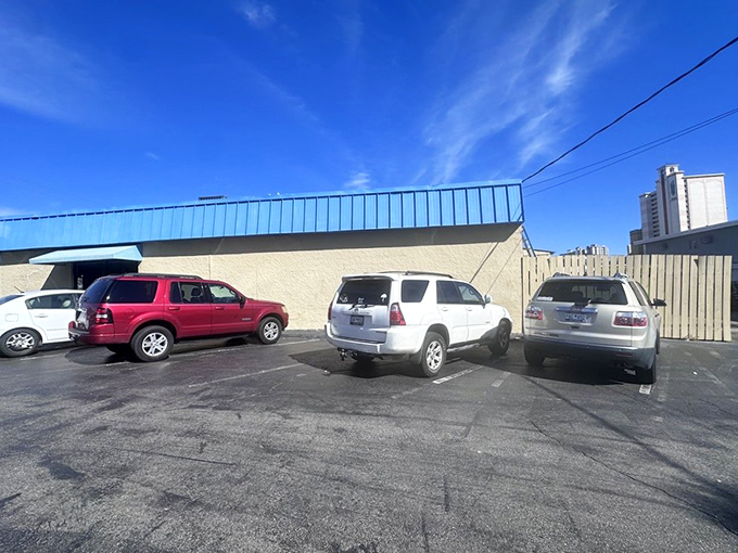 A parking lot filled with vehicles from near and far. When locals and tourists agree on a restaurant, you know you've found gold.