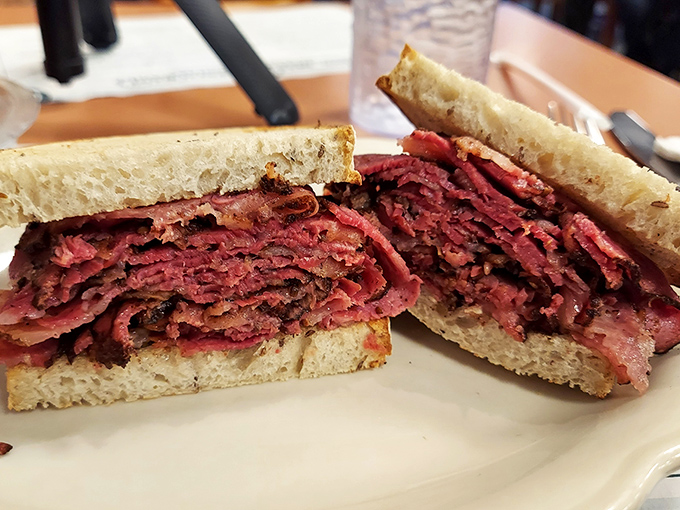 This pastrami sandwich isn't just lunch &ndash; it's a religious experience. Pink, peppery perfection piled high between slices of rye bread.