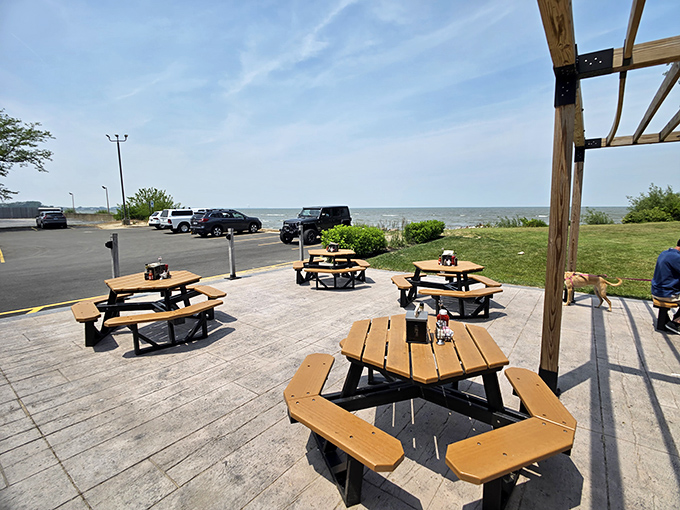 Outdoor dining with a side of vitamin Lake. These picnic tables offer front-row seats to nature's greatest show&mdash;and the food's not bad either.