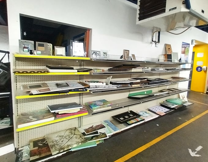 A fitting room sign anchors a sea of household necessities, reminding us that even practical purchases deserve a proper try-on before heading home.