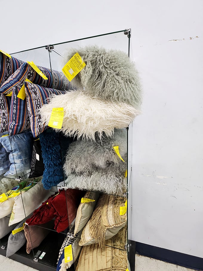 Fuzzy throw pillows that look straight out of a designer catalog. These textural treasures would cost a fortune at boutiques but here they're practically giving them away.