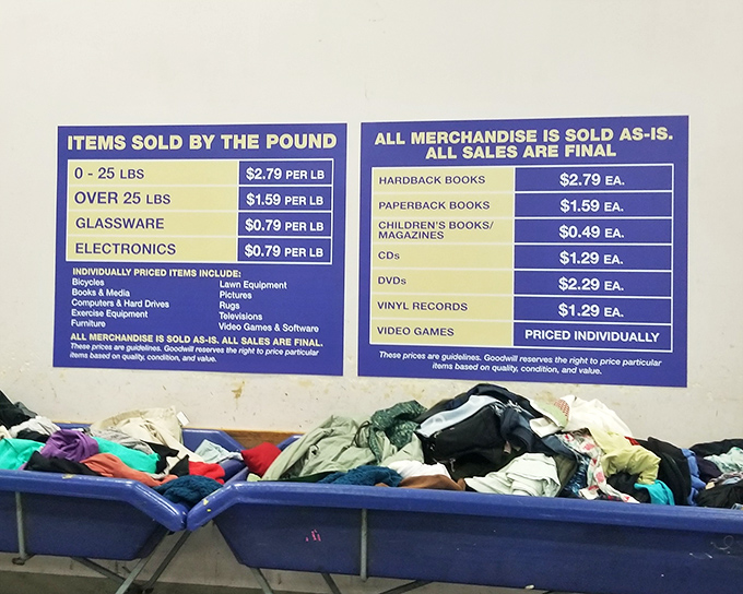 The magical pricing board that explains how $25 can fill a cart. By-the-pound shopping transforms the economics of secondhand into pure joy.