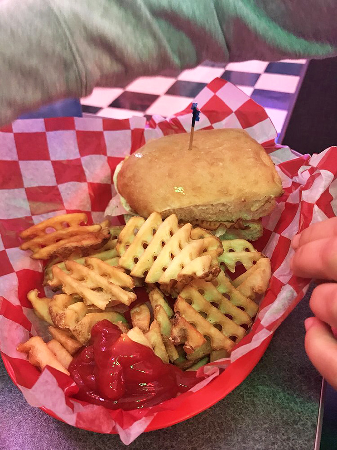 The waffle fries and sandwich combo arrives like old friends who've come to rescue you from a bad day. That ketchup puddle is the ruby slipper that takes you home.
