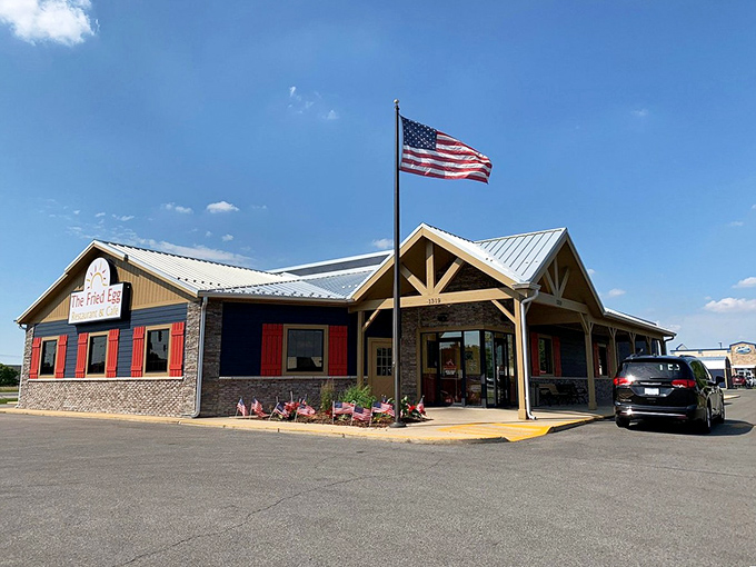 The Fried Egg restaurant promises comfort food under that pitched roof and American flag. Some places just look like they serve breakfast that'll make your day.