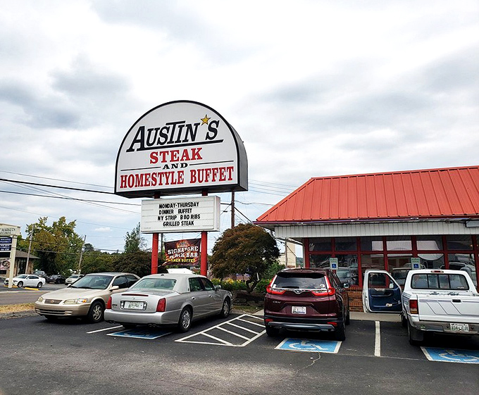 Austin's roadside sign stands as a beacon of hope for hungry travelers, promising relief from fast food mediocrity just a turn signal away.