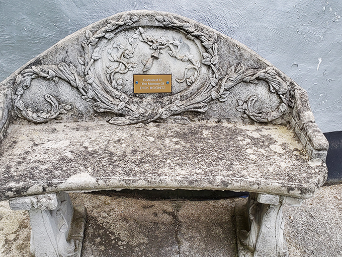 This ornate stone bench offers weary travelers a moment to sit and contemplate life's big questions&mdash;like why more buildings aren't shaped like breakfast items.