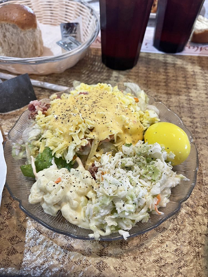 A salad plate that proves even vegetables get the royal treatment here, with homemade dressings that would make a lettuce leaf feel special.