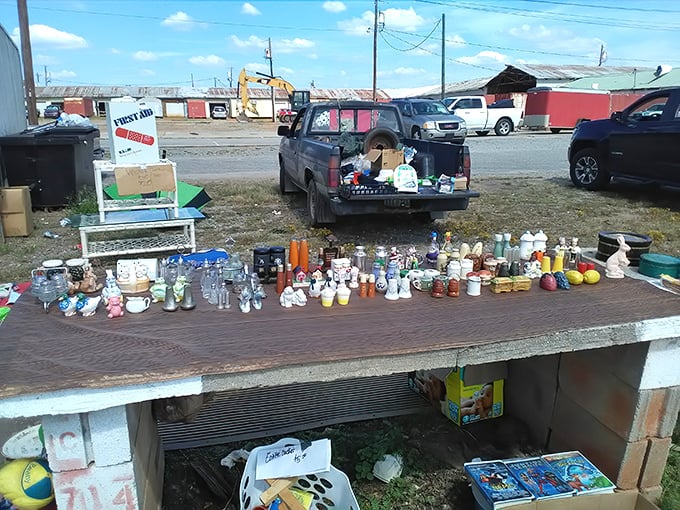 The ultimate tailgate display! This improvised showcase of salt and pepper shakers tells stories of decades past through miniature ceramic nostalgia.