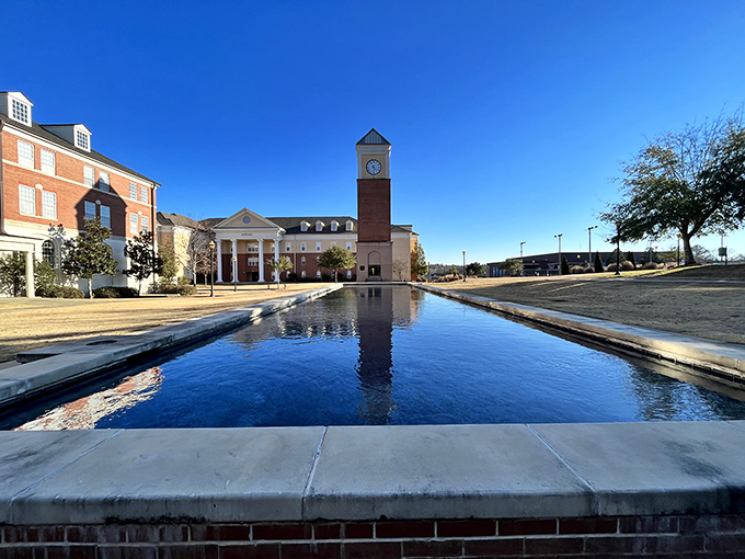 Georgia College's elegant reflection pool mirrors its stately architecture, creating twice the beauty and confirming that Southern campuses just do collegiate charm better.