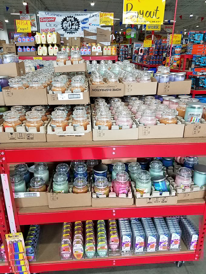 The scented candle section: where "just looking" turns into "somehow I bought twelve." Those vibrant jars promise to make your home smell like a fancy boutique.