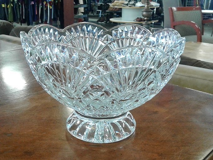 Cut crystal catches the light and imagination &ndash; a punch bowl perhaps? Grandmother's candy dish? At thrift store prices, it could be yours regardless.