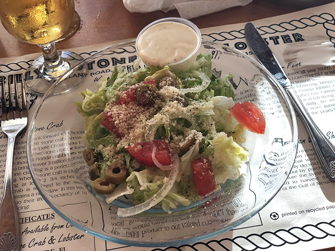 A side salad that knows its role&mdash;fresh, crisp supporting actor in the blockbuster seafood drama unfolding on your table.