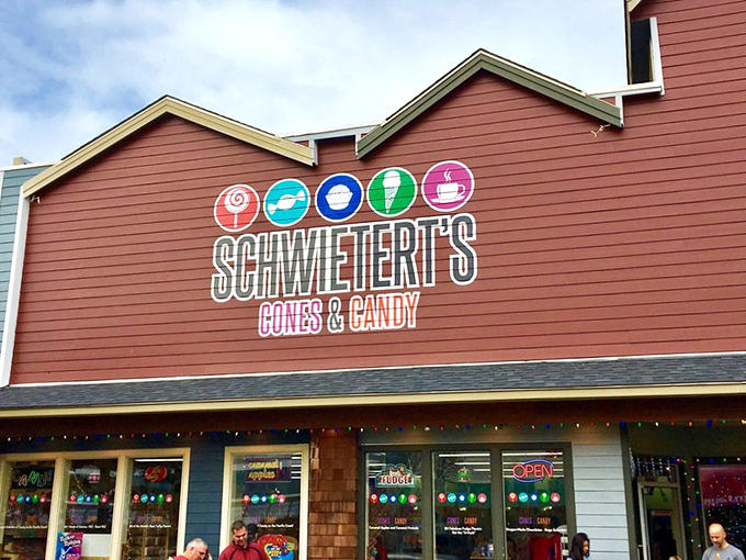 The iconic Schwietert's sign glows with promise against the Oregon sky. Those five circular icons might as well be a universal language for "happiness ahead."