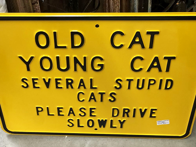Not just a funny sign, but the perfect souvenir for the cat lover in your life. Humor that would've made your grandpa chuckle still works today.