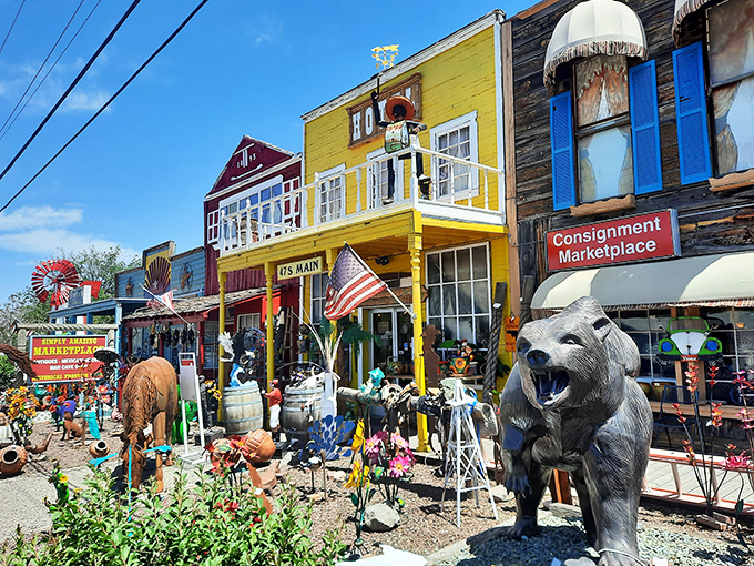 Simply Amazing Marketplace explodes with desert kitsch and cowboy charm. Who doesn't need a metal wolf and windmill for the garden?