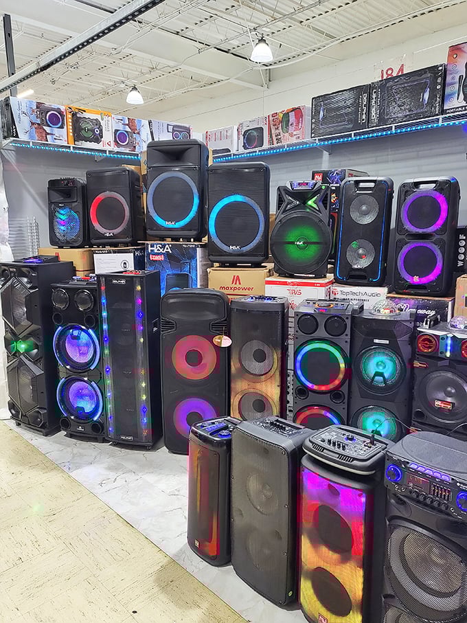 A wall of speakers that could wake the dead or at least the neighbors. The audio department brings the boom to this bargain-hunting room.