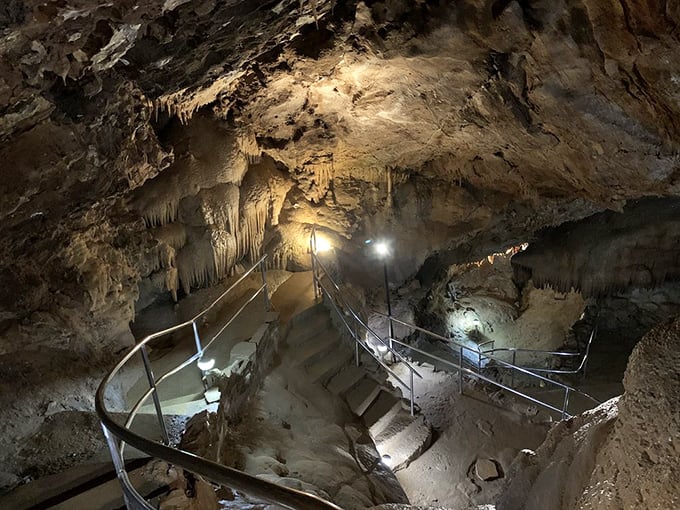 The descent into darkness never looked so inviting. These illuminated stairs guide visitors through chambers that remained hidden until modern times.