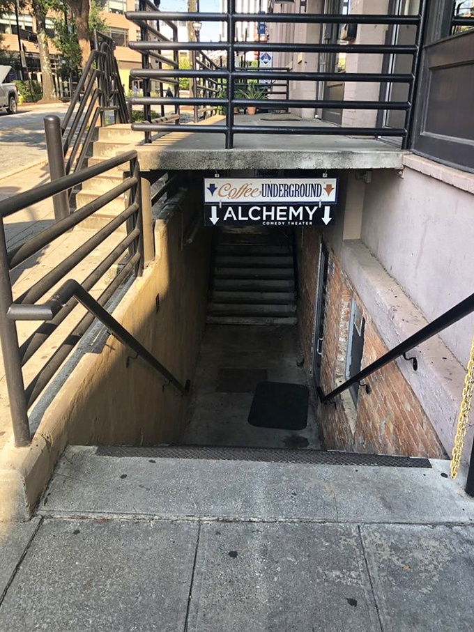 The entrance that feels like a movie scene&mdash;descend these steps and emerge as the main character in your own caffeinated adventure.