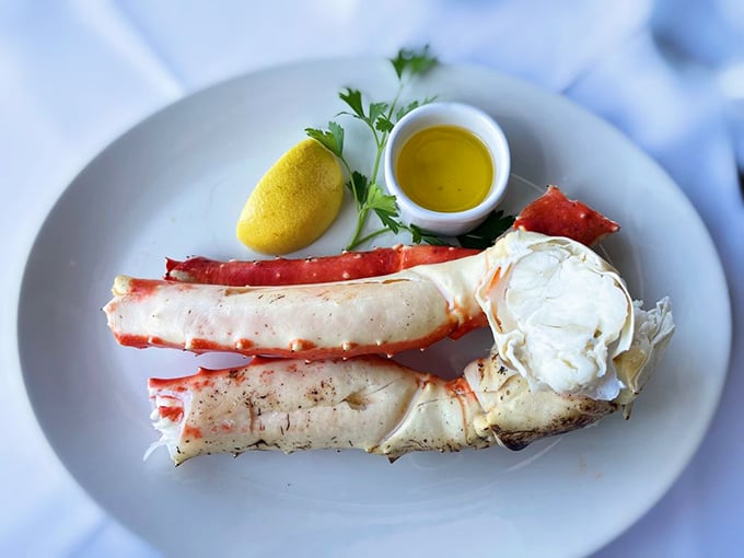 Alaskan king crab legs that require no embellishment beyond drawn butter &ndash; nature's perfect design meets simple culinary respect.