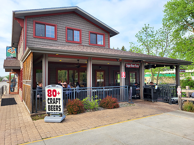 Sugar River Pizza Company's outdoor dining area promises craft beer and artisanal pies in a setting that celebrates Wisconsin's casual charm.