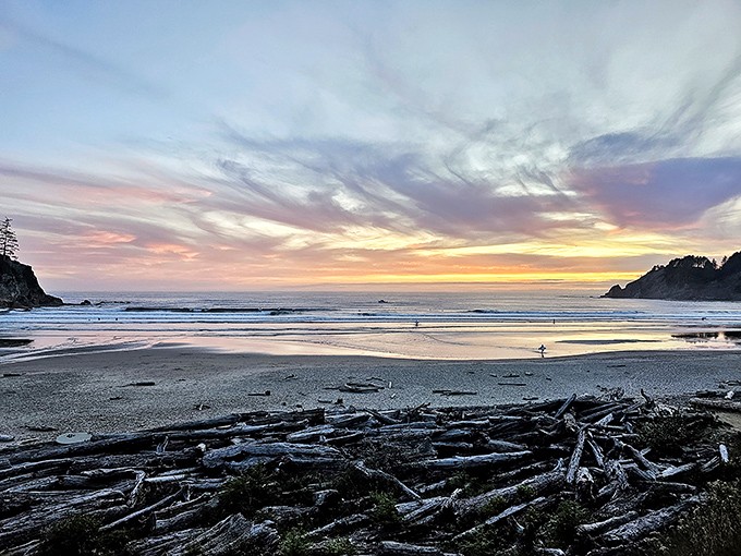 Sunset transforms driftwood into silhouettes and the sky into watercolors. Nature's grand finale never disappoints at Short Sand Beach.