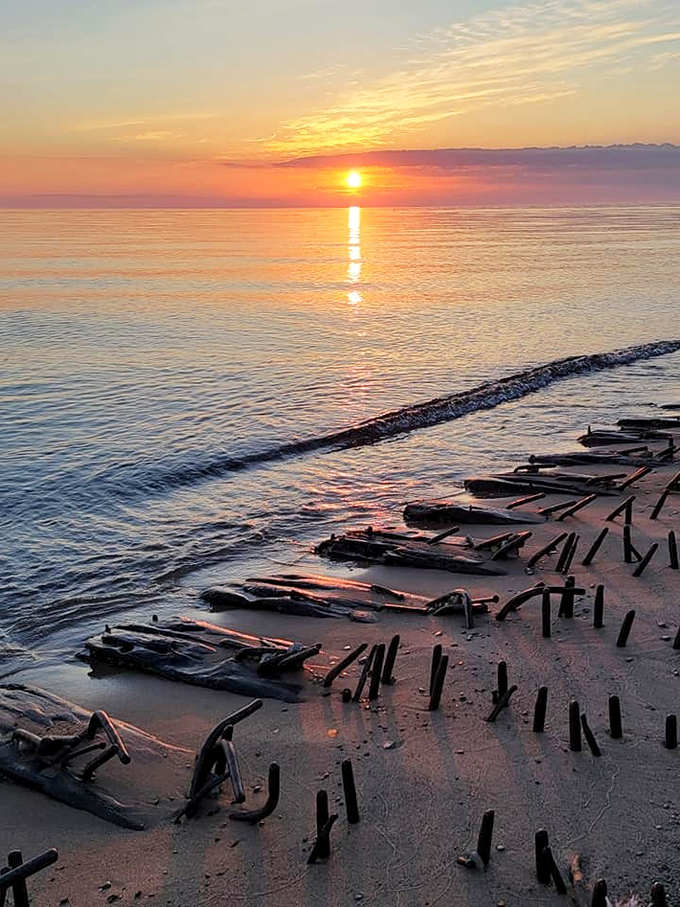 Lake Huron sunsets paint the shipwreck remains in golden light, turning a maritime tragedy into a hauntingly beautiful memorial.